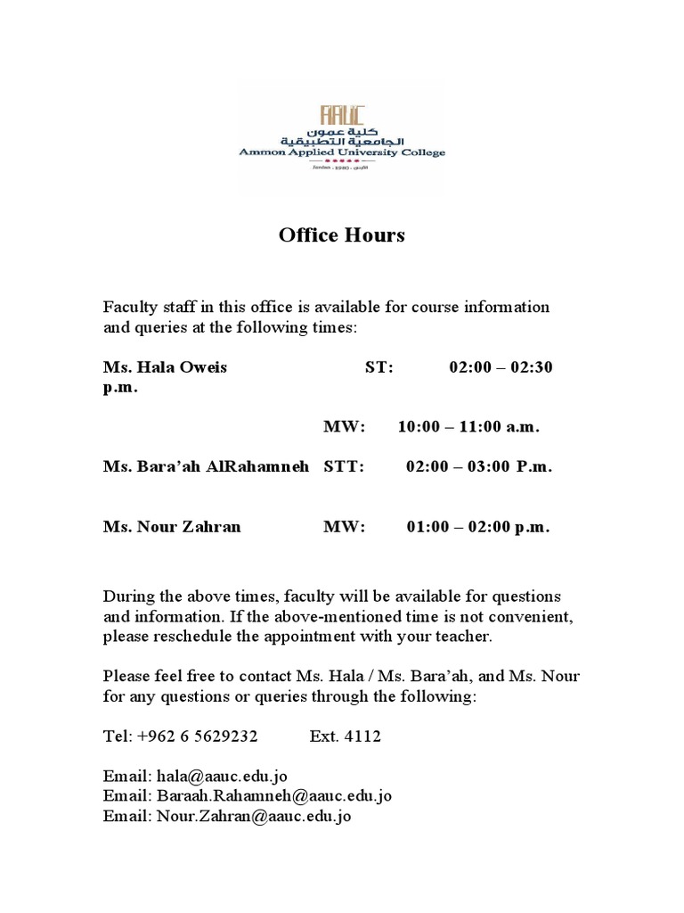 Faculty Office Hours and Contact Info | PDF