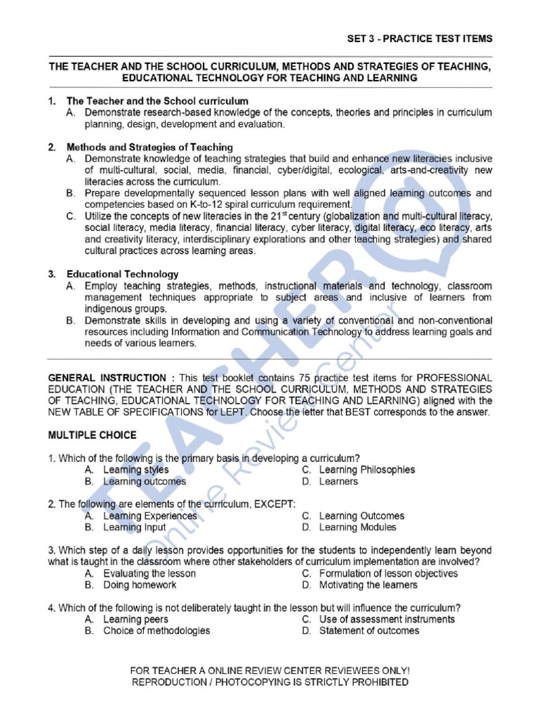 Pratice Test Set 3 The Teacher and The School Curriculum Methods and ...