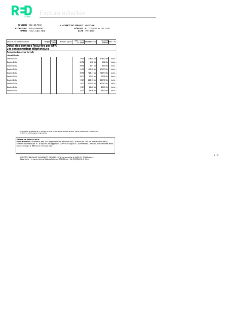 Facture détaillée SFR Mobile 01/2023 | PDF | Taxe sur la valeur ajoutée ...