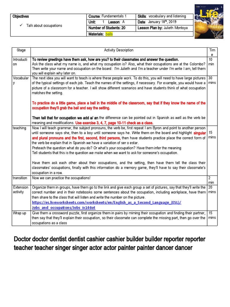 ESL Lesson Plan: Occupations | PDF | Lesson Plan | Linguistics