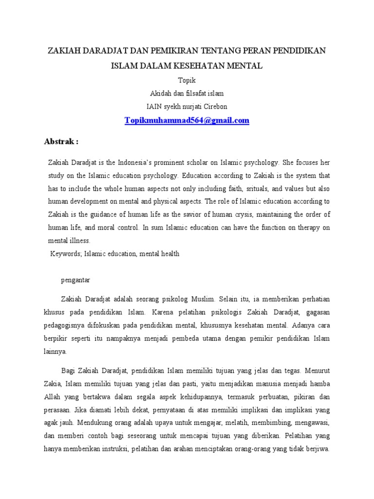 Zakiah Daradjat Dan Pemikiran Tentang Peran Pendidikan Islam Dalam Kesehatan Mental | PDF