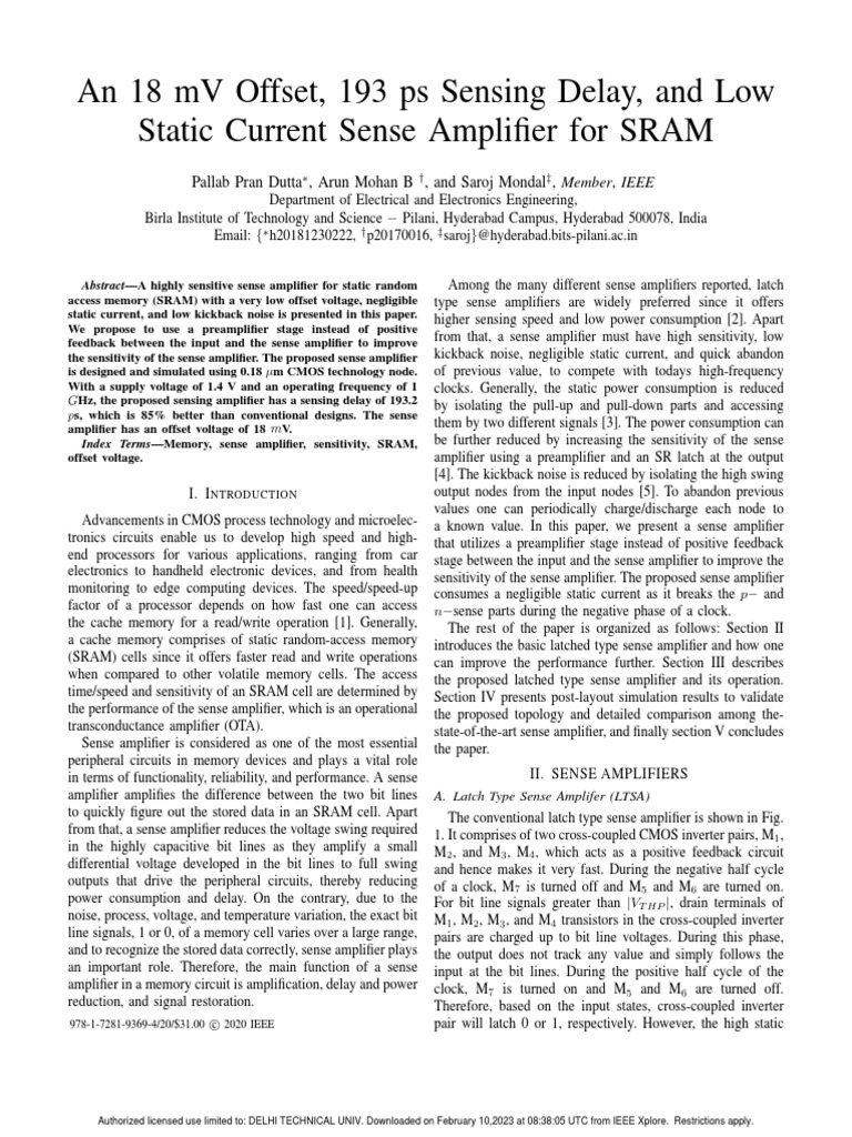 An 18 MV Offset 193 Ps Sensing Delay and Low Static Current Sense Amplifier For SRAM | PDF ...