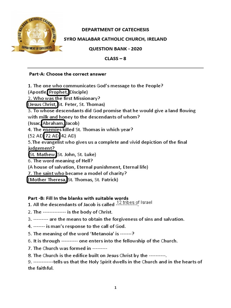 Class 8 Question Bank 2020 | PDF | Catholic Church | Jesus