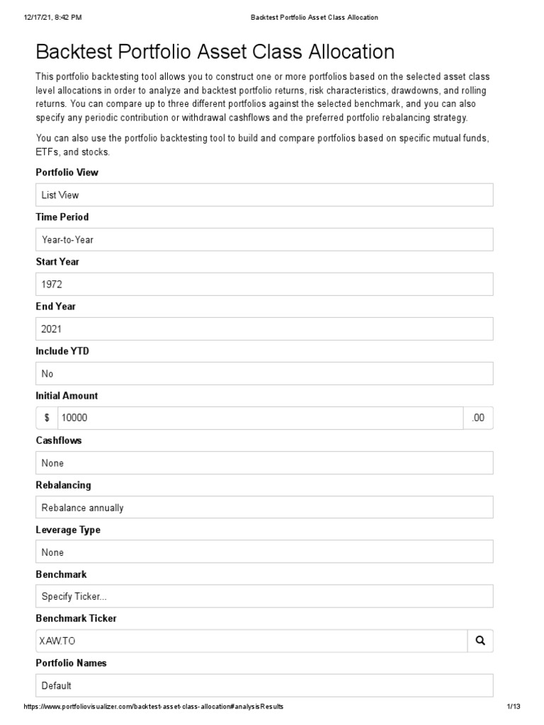 Backtest Portfolio Asset Class Allocation Pdf Asset Allocation