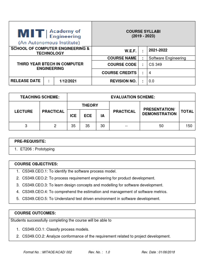 CS 349 Software Engineering Syllabus VER 1.0 | PDF | Use Case | System