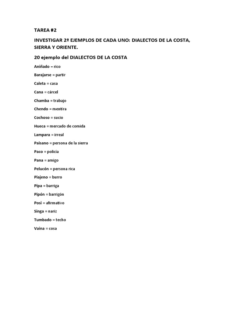 Tarea #2 Investigar 2º Ejemplos de Cada Uno: Dialectos de La Costa ...