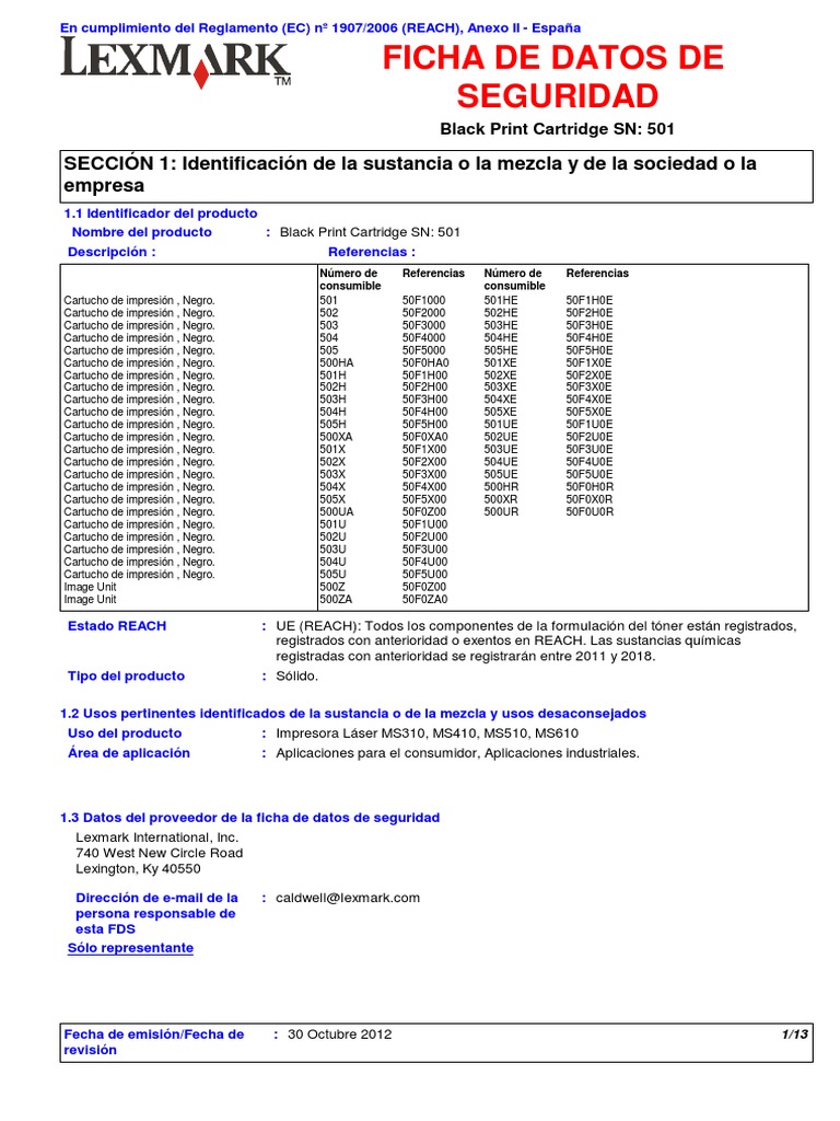 Ficha de Seguridad Cartucho Tóner SN: 501 | PDF | Toxicidad | Residuos