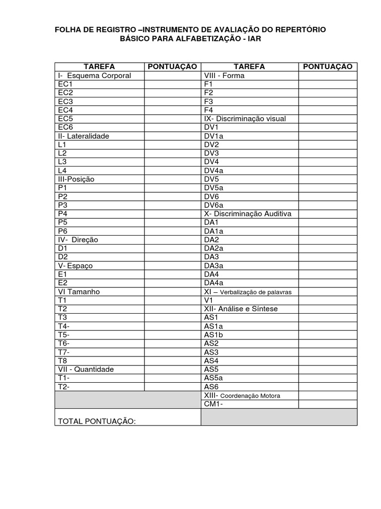 FOLHA DE REGISTRO - PONTUACAO - IAR | PDF