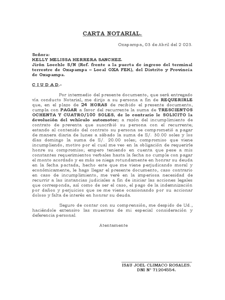Carta Notarial Imcuplimiento de Pago | PDF