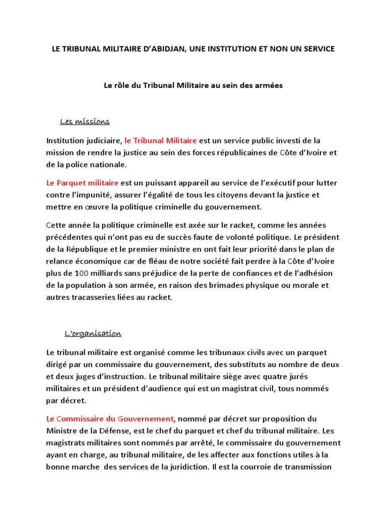 Rôle et fonctionnement du tribunal militaire | PDF | Justice militaire ...