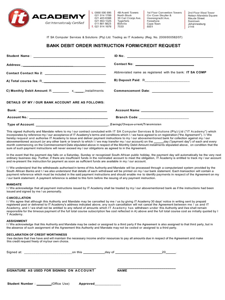 Bank Debit Order Instruction Form/Credit Request: Mandate | PDF | Banks ...