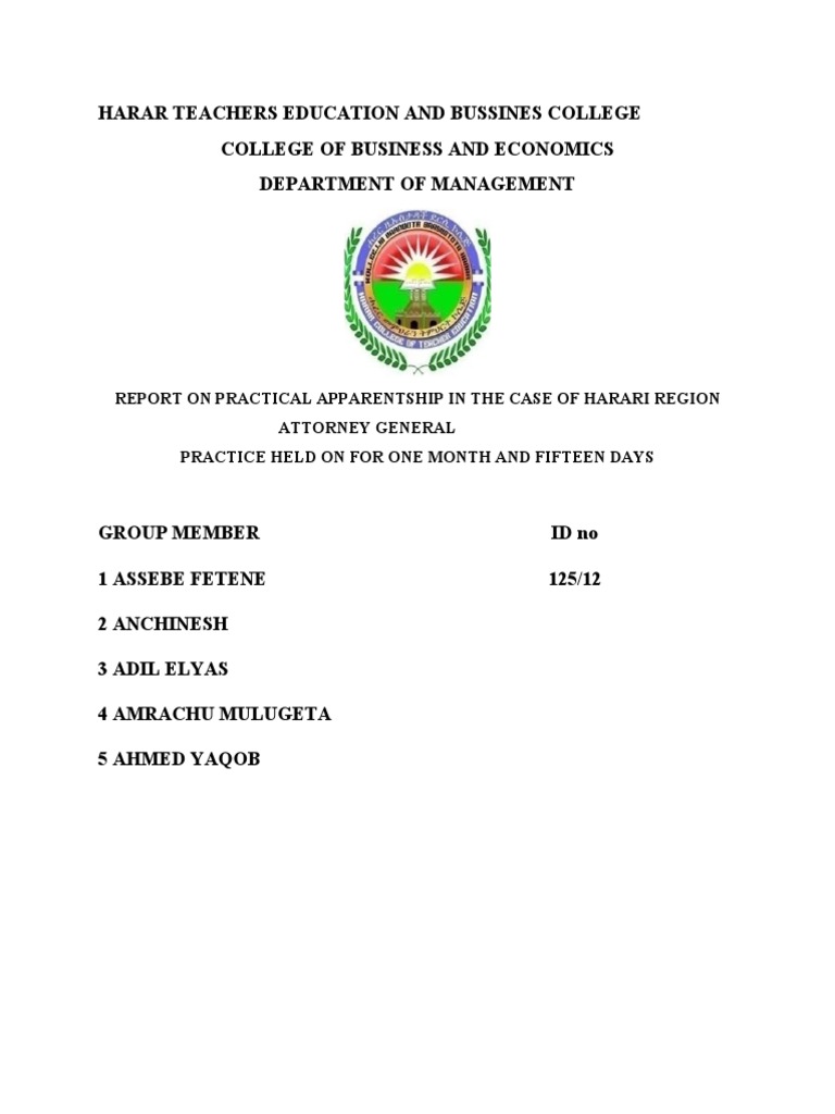 Harar Teachers College Apprenticeship Report | PDF | Business