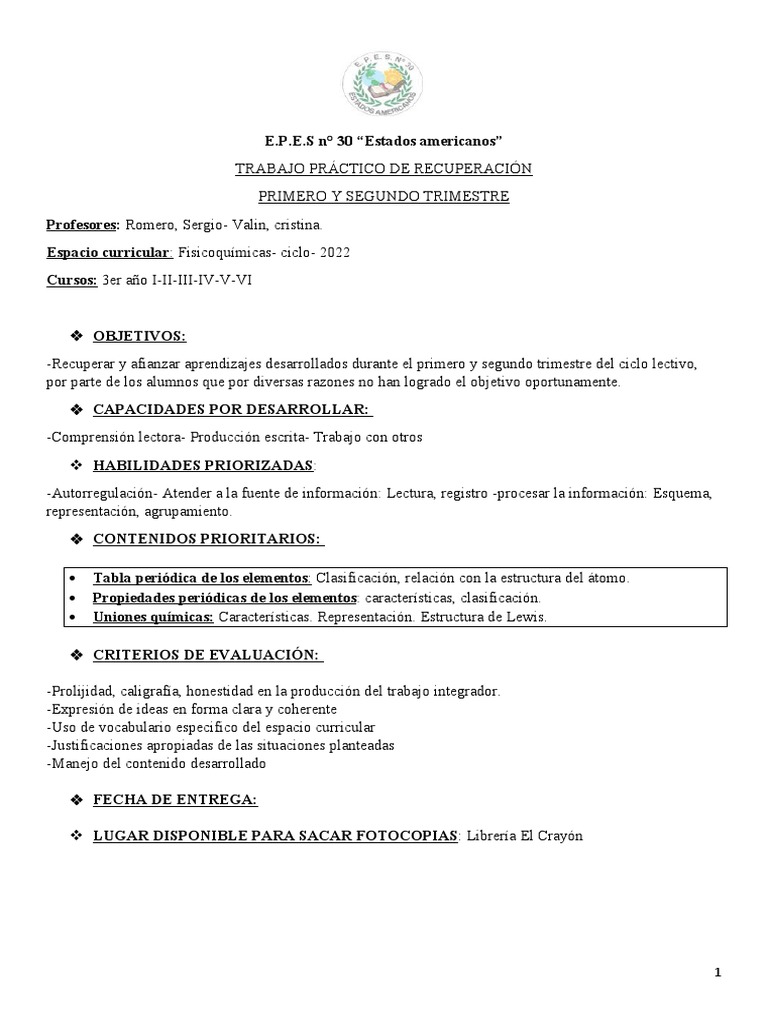 TP Integrador 3ero (Trimestre 1 y 2) | PDF | Compuestos químicos | Enlace químico