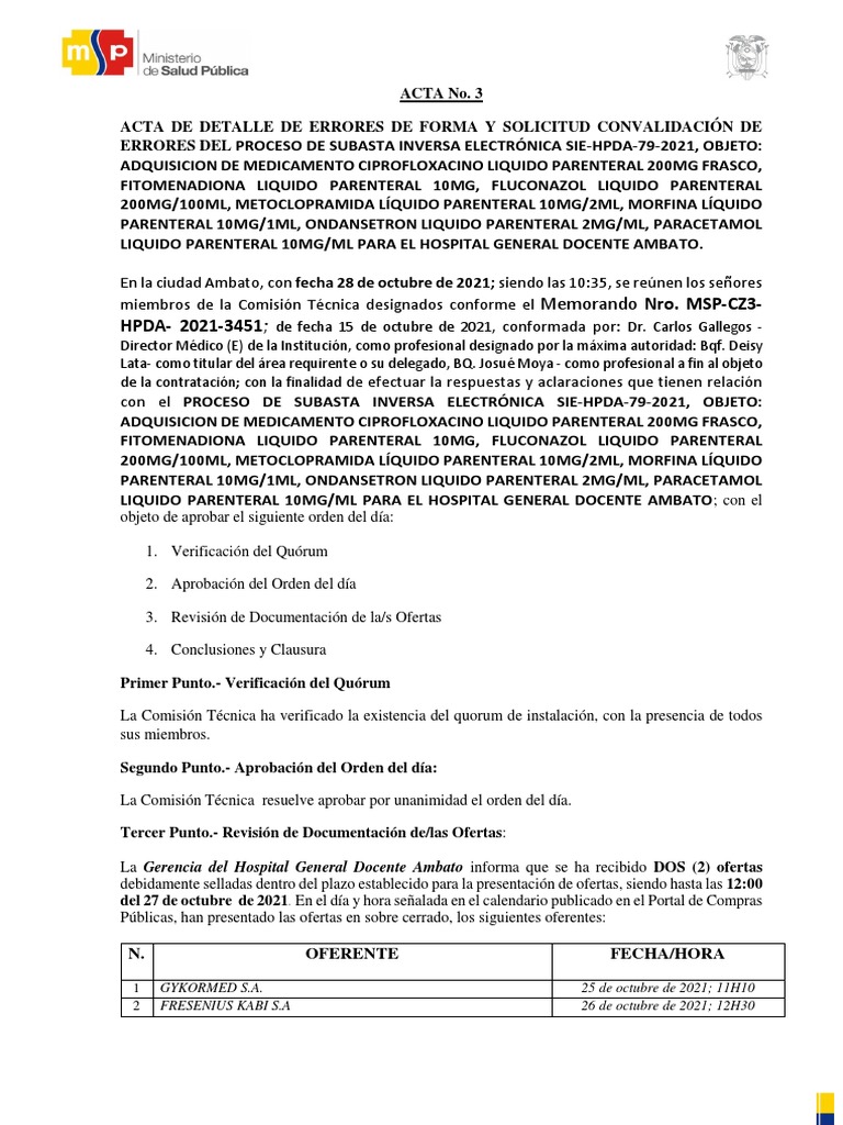 ACTA No. 3 SIE-HPDA-79-2021 CONVALIDACIÓN DE ERRORES | PDF