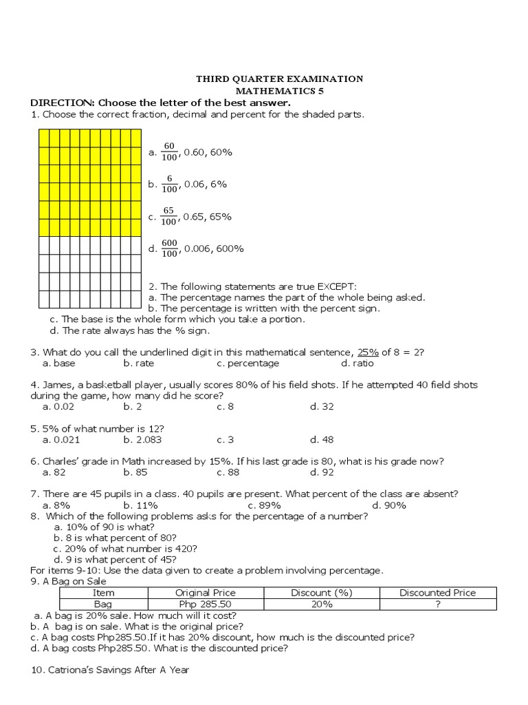 Third Grading Math Periodical Examination | PDF | Percentage | Circle