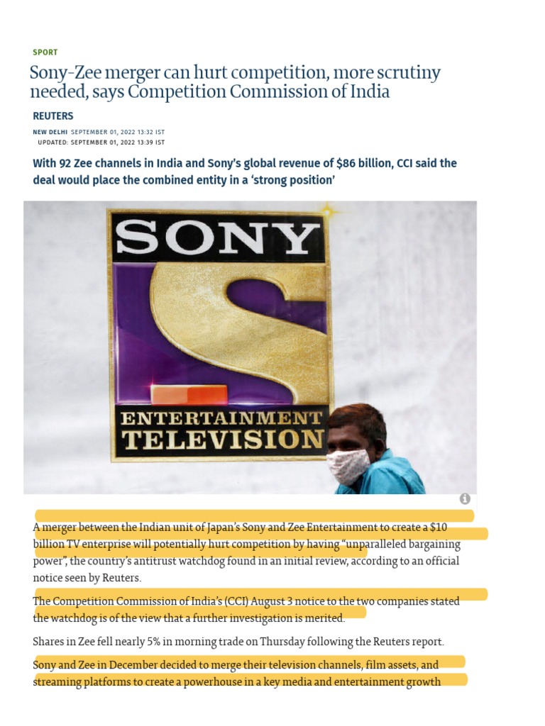 Sony-Zee Merger Can Hurt Competition | PDF | Mergers And Acquisitions ...