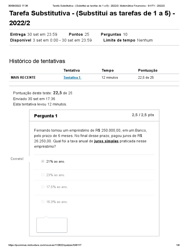Tarefa Substitutiva - (Substitui As Tarefas de 1 A 5) - 2022 - 2 - Matemática Financeira - G1 ...