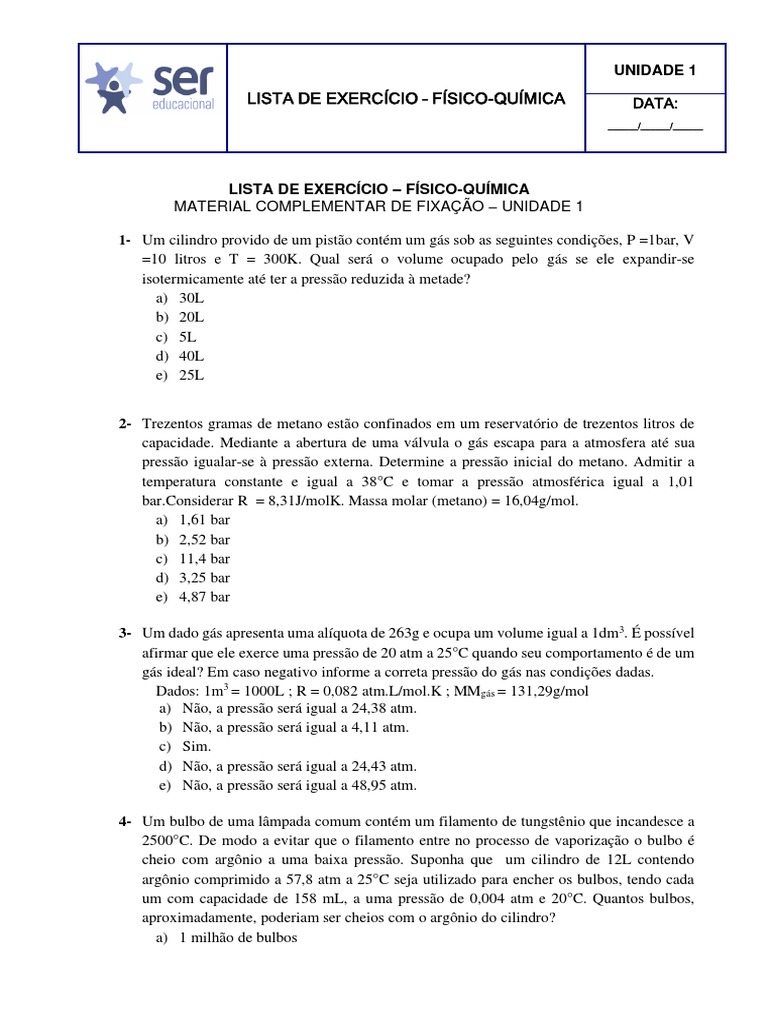 Lista de Exercício - Físico-Química - Unidade 1 | Download grátis PDF | Pressão | Gases