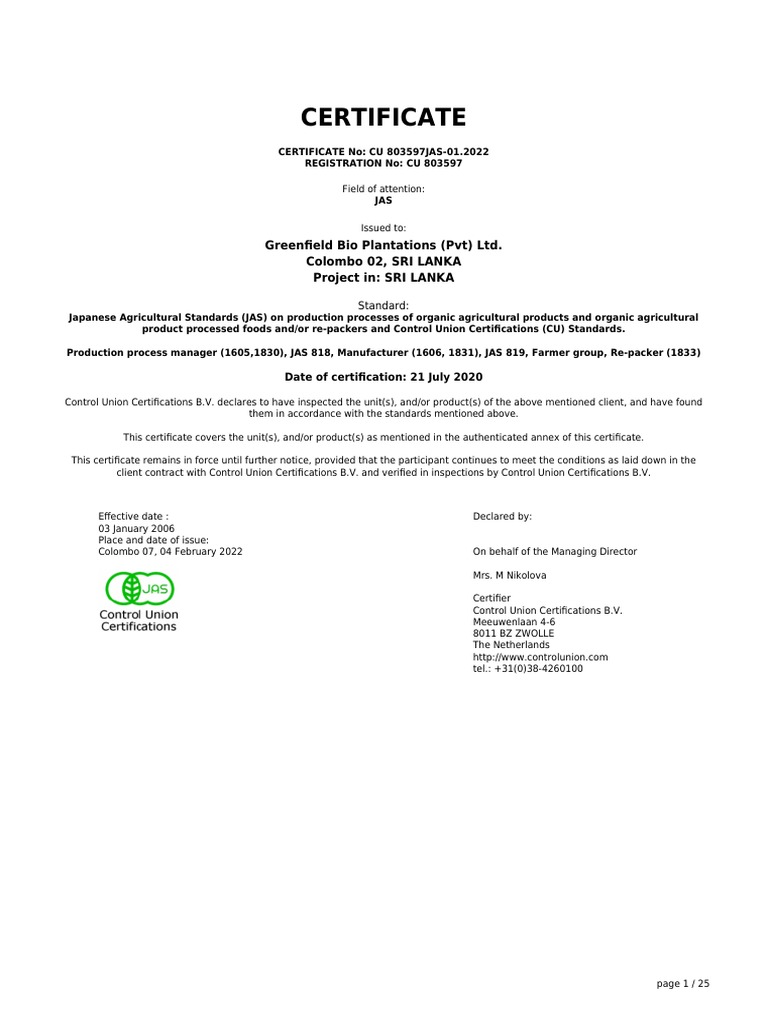 Certificate: Greenfield Bio Plantations (PVT) Ltd. Colombo 02, SRI ...