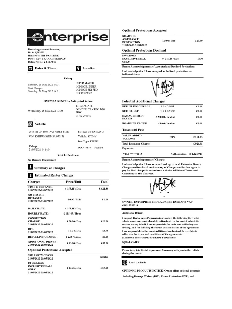 Enterprise Rental Agreement 6JB3SN | PDF | Renting | Car Rental