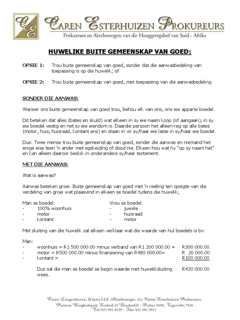 Huwelike Buite Gemeenskap Van Goed:: Opsie 1: Opsie 2: Sonder Die ...