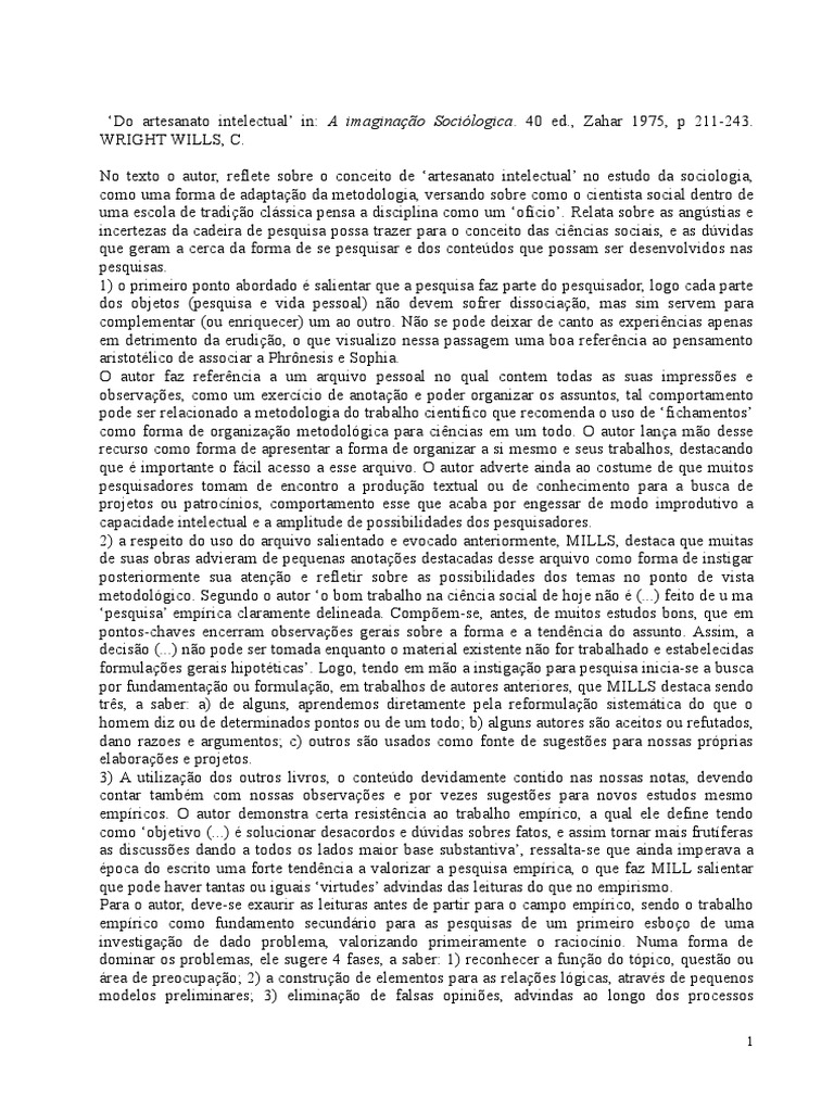 Wright Mills - Artesanato Intelectual Imaginação Sociológica | PDF ...