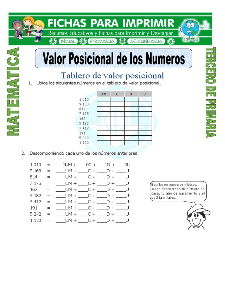 Ficha Valor Posicional para Tercero de Primaria | PDF