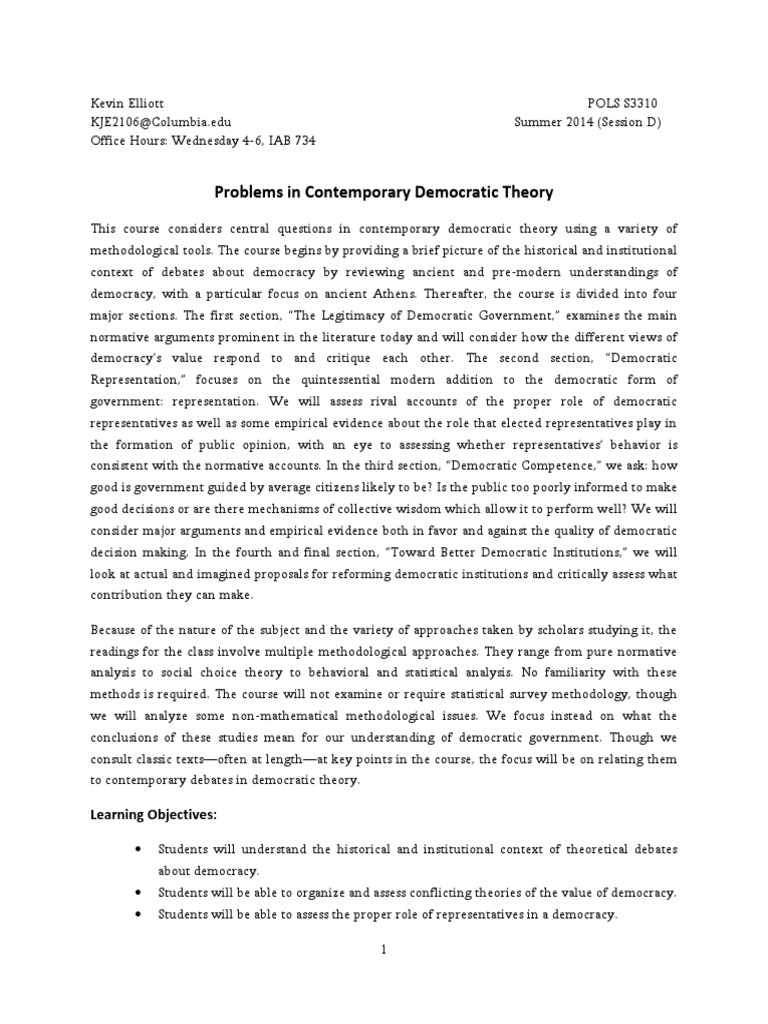 Syllabus Contemporary Democratic Theory | PDF | Democracy | Political Ideologies