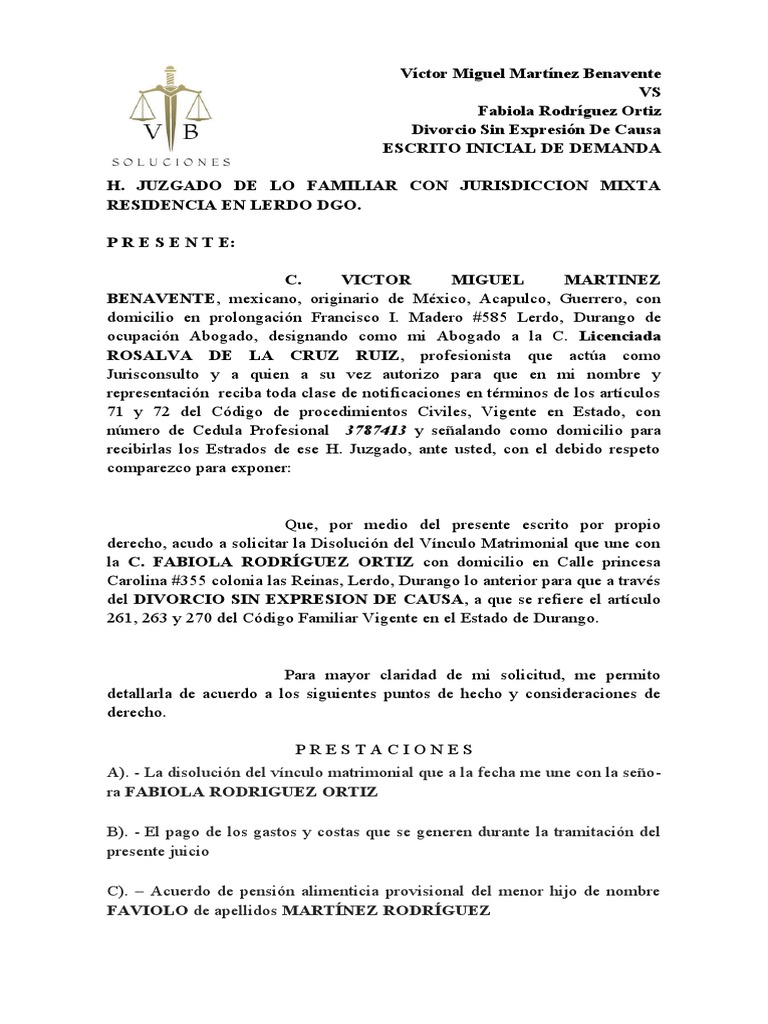 Demanda divorcio incausado | PDF | Divorcio | Ley procesal