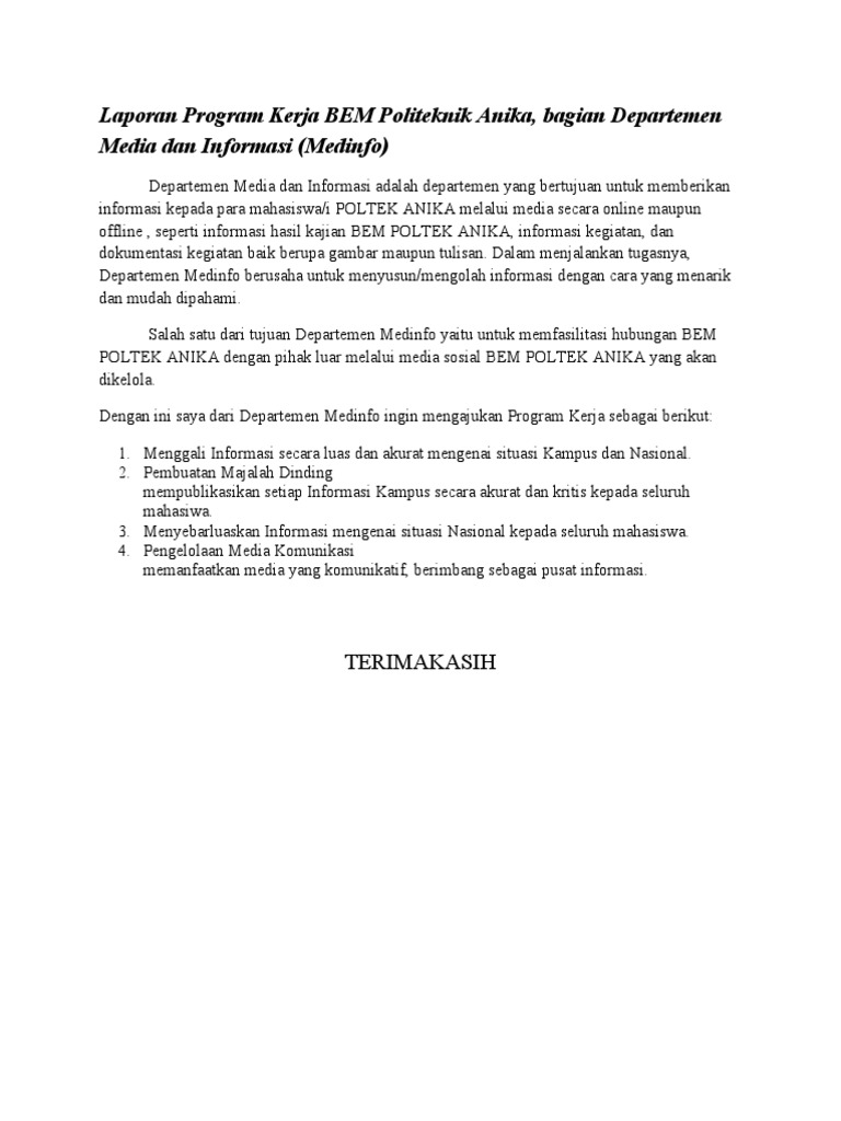 Laporan Program Kerja BEM Politeknik Anika, Bagian Departemen Media Dan Informasi (Medinfo) | PDF