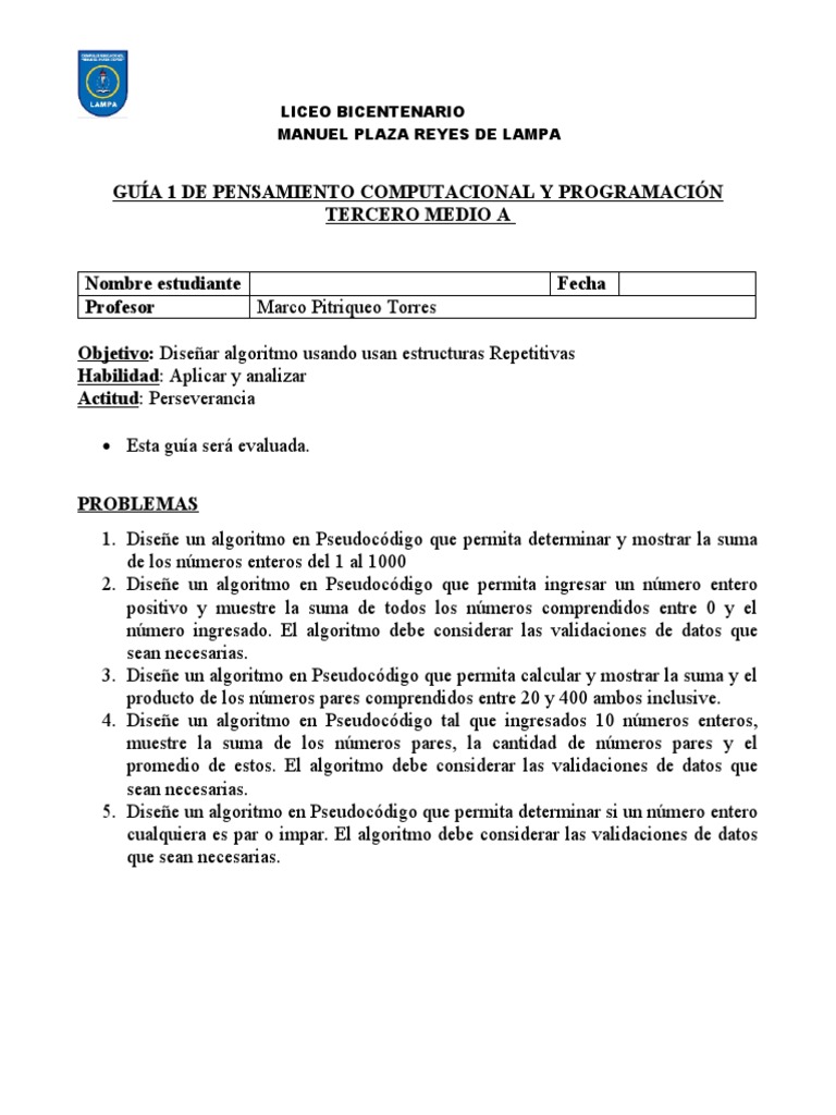 Guía 1 de Pensamiento Computacional y Programación | PDF
