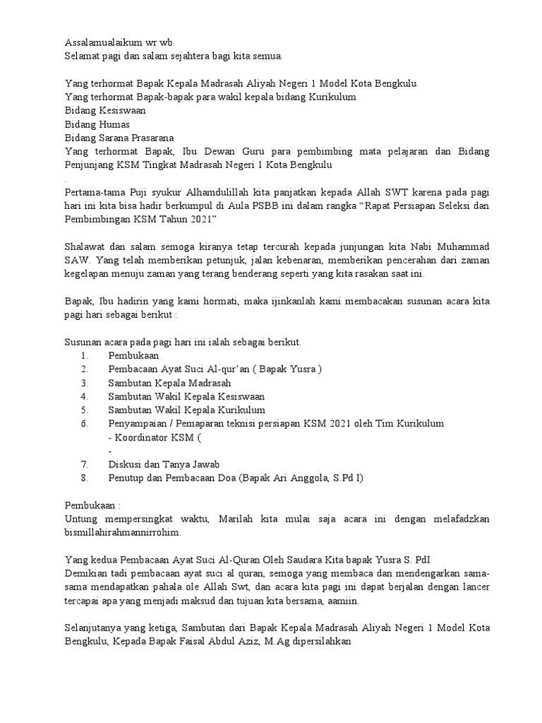 Draft Urutan Acara Semi Formal MC Rapat Di MAN | PDF