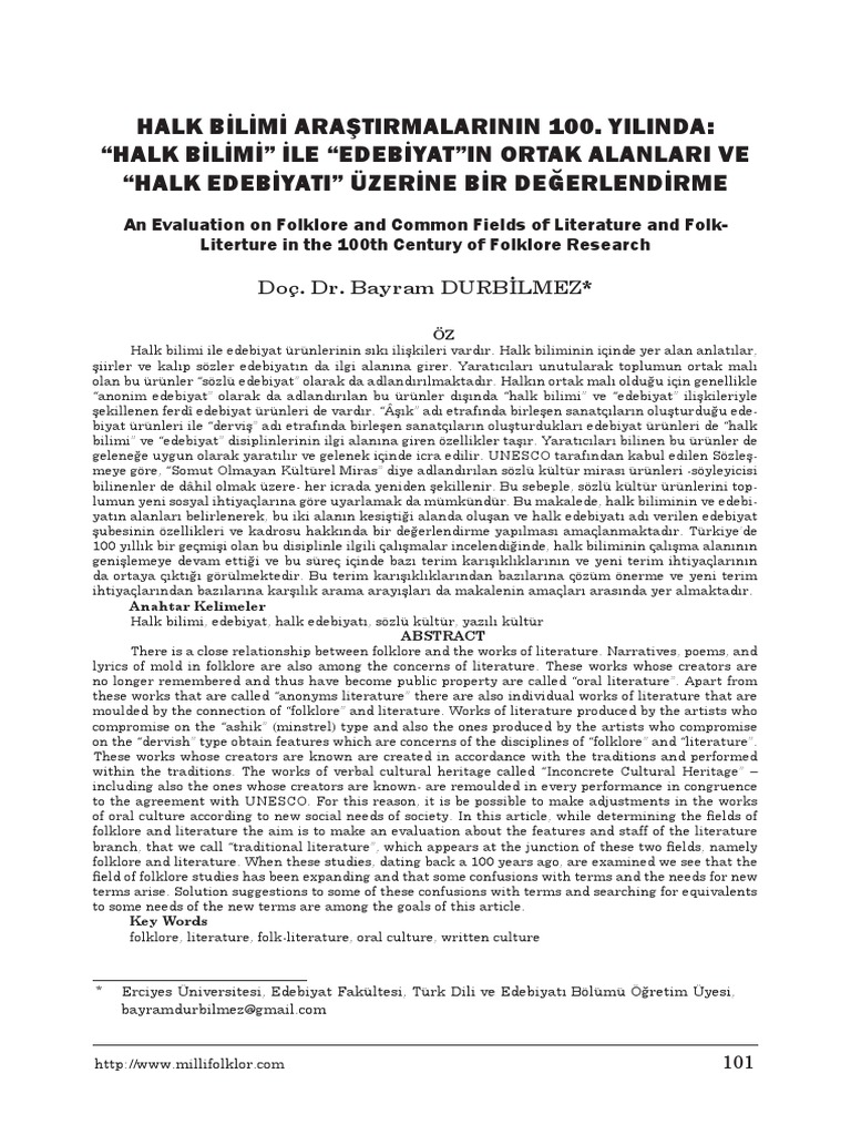 HALK BİLİMİ ARAŞTIRMALARININ 100. YILINDA - Halk Edebiyatı - Halk Bilimi | PDF