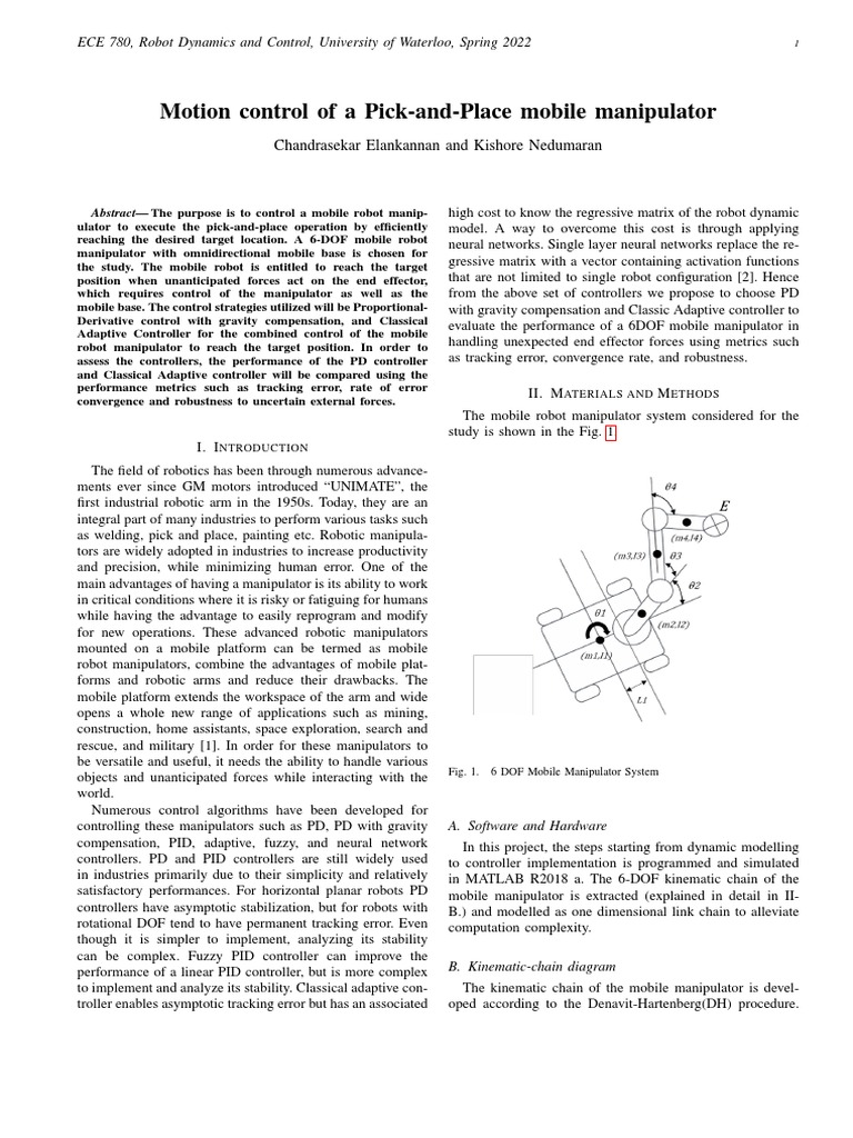 Motion Control Pick N Place Manipulator Pdf Control Theory Force