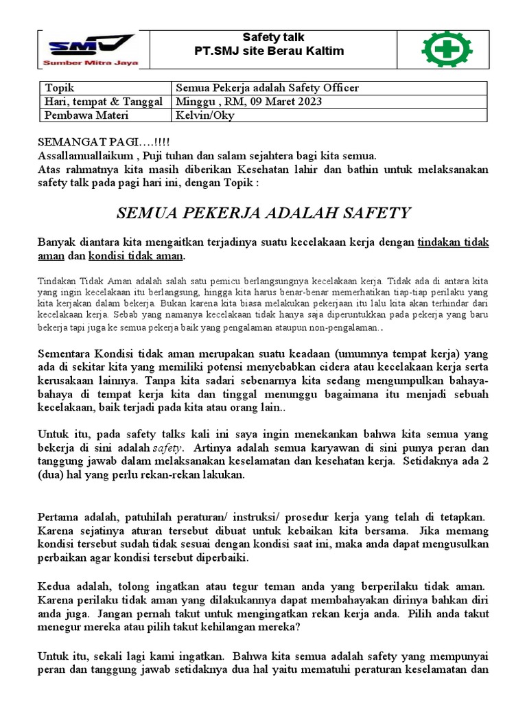 Semua Pekerja Adalah Safety: Safety Talk PT - SMJ Site Berau Kaltim | PDF