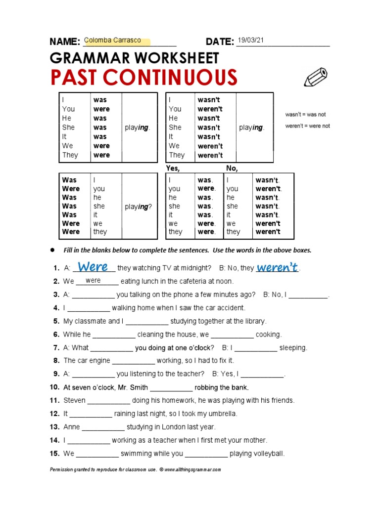 Past Continuous Worksheet | PDF