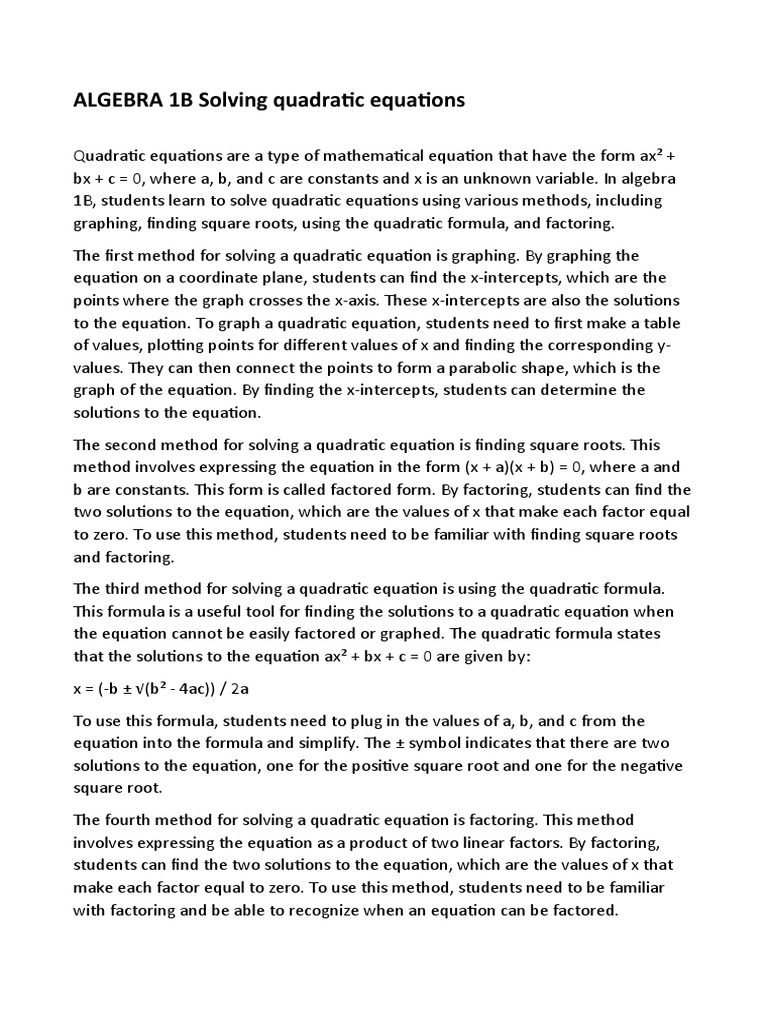 ALGEBRA 1B Solving quadratic equations | PDF | Equations | Quadratic ...