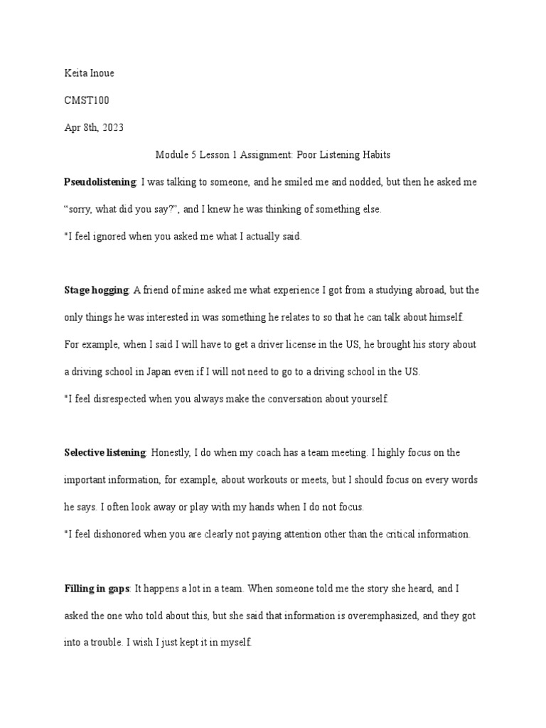 Module 5 Lesson 1 Assignment: Poor Listening Habits | PDF