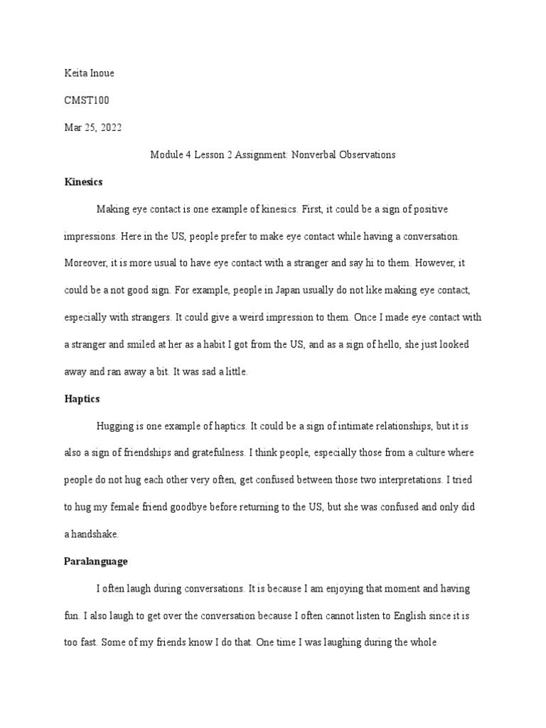 Module 4 Lesson 2 Assignment: Nonverbal Observations | PDF | Cognitive Science | Communication