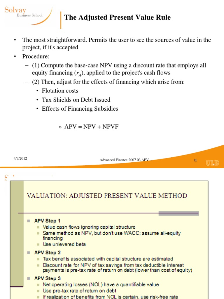 Adjusted Present Value Explained | PDF | Net Present Value | Discounting