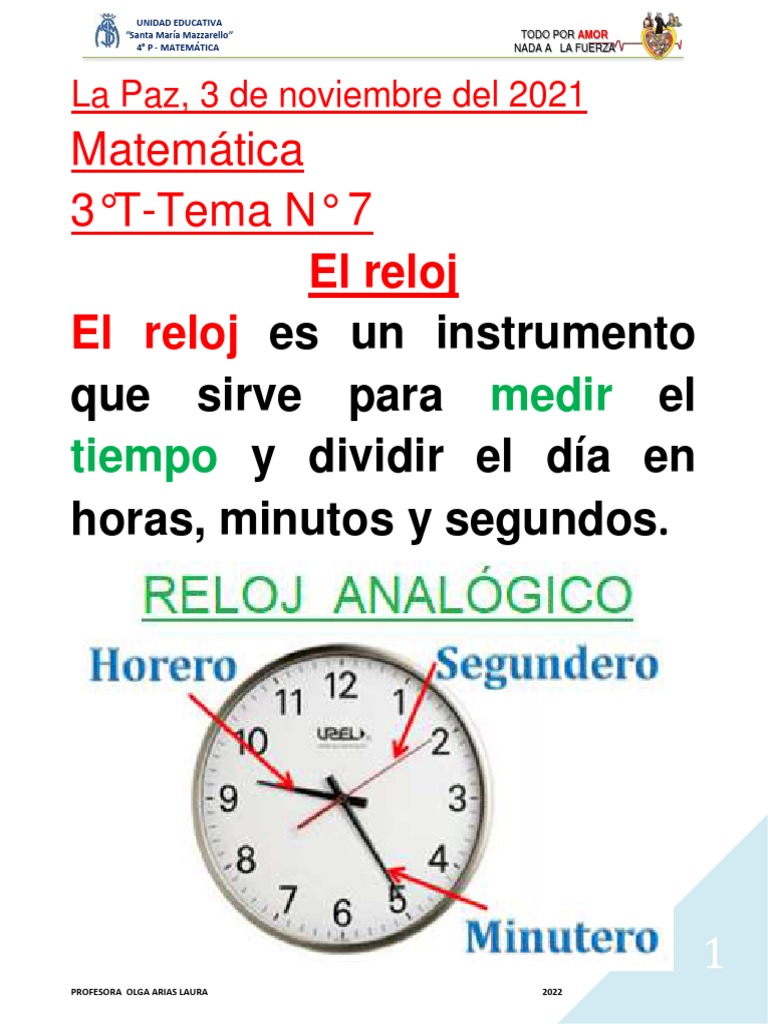 Matemática 3°T-Tema #7: El Reloj El Reloj | PDF