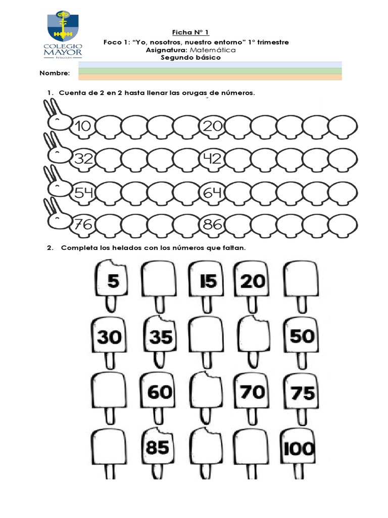 Ficha N° 1 MAT, Contar de 2 en 2, 5 en 5 y 10, en 10 Hasta El 100 | PDF