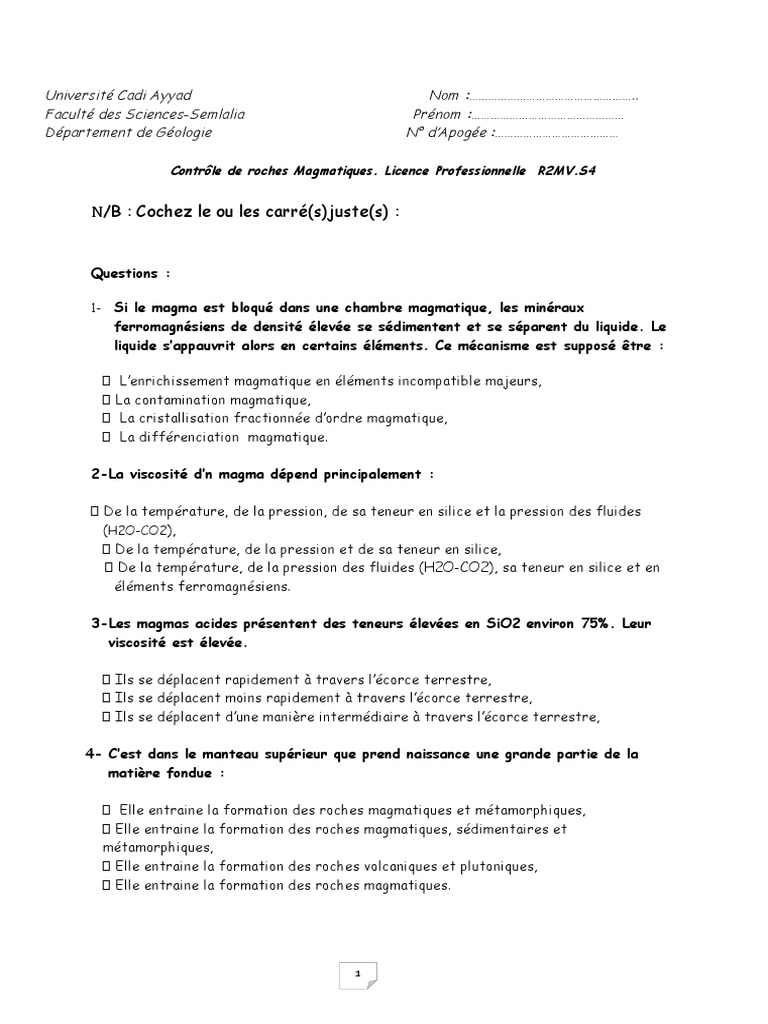 Contrôle RMV.2020.II | PDF | Roche magmatique | Magma
