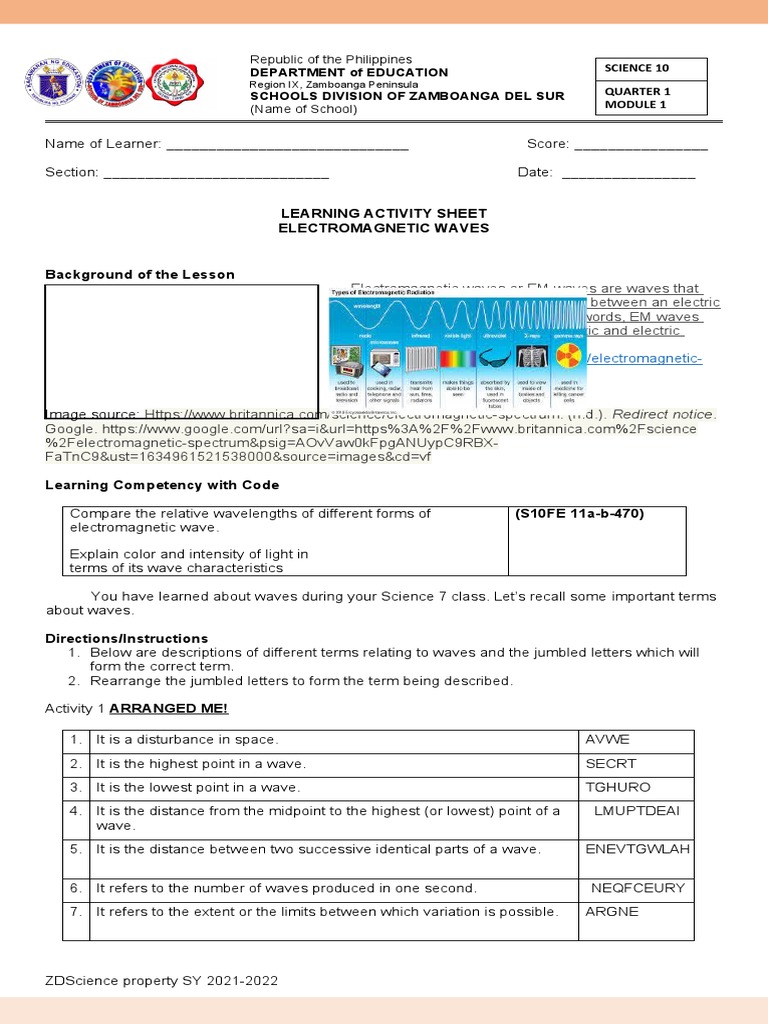 Q2 Science Las M1 | PDF | Electromagnetic Radiation | Waves