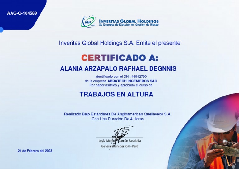Certificado Trabajos en Altura | PDF