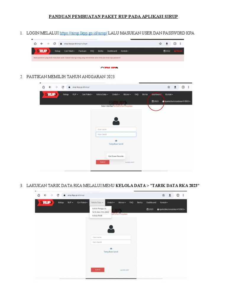 Panduan Pembuatan Paket Rup Pada Aplikasi Sirup: 1. Login Melalui Lalu Masukan User Dan Password ...