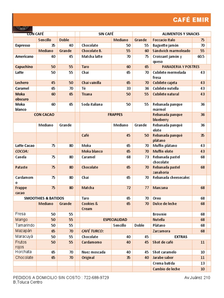 Menú Café Emir: Bebidas y Snacks | PDF | Chocolate | Alimentos