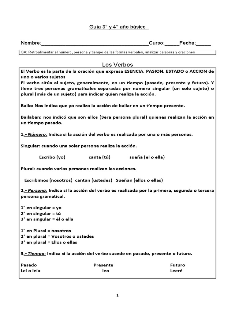 LENGUAJE Guia 3 Tercero Básico | PDF | Numero Gramatical | Verbo