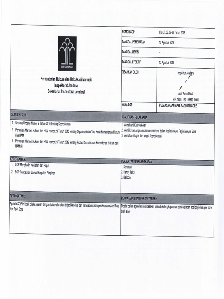 SOP Pelaksanaan Apel Pagi Dan Sore | PDF