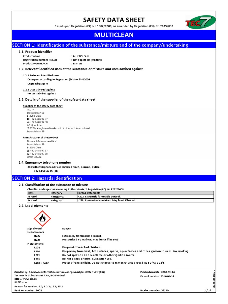 Multiclean Safety Data Sheet EN | PDF | Personal Protective Equipment ...